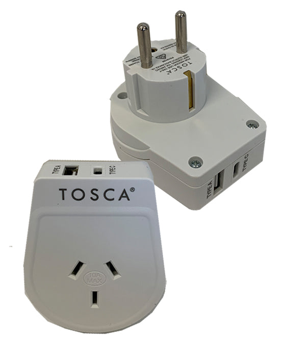 Travel Adapter USB A+C Ports for Europe & Bali